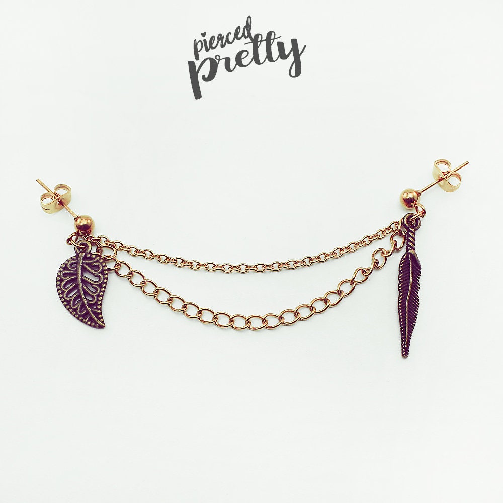 20g 16g Leaf Feather Helix to Lobe Chain Earring Helix Dangle - Etsy