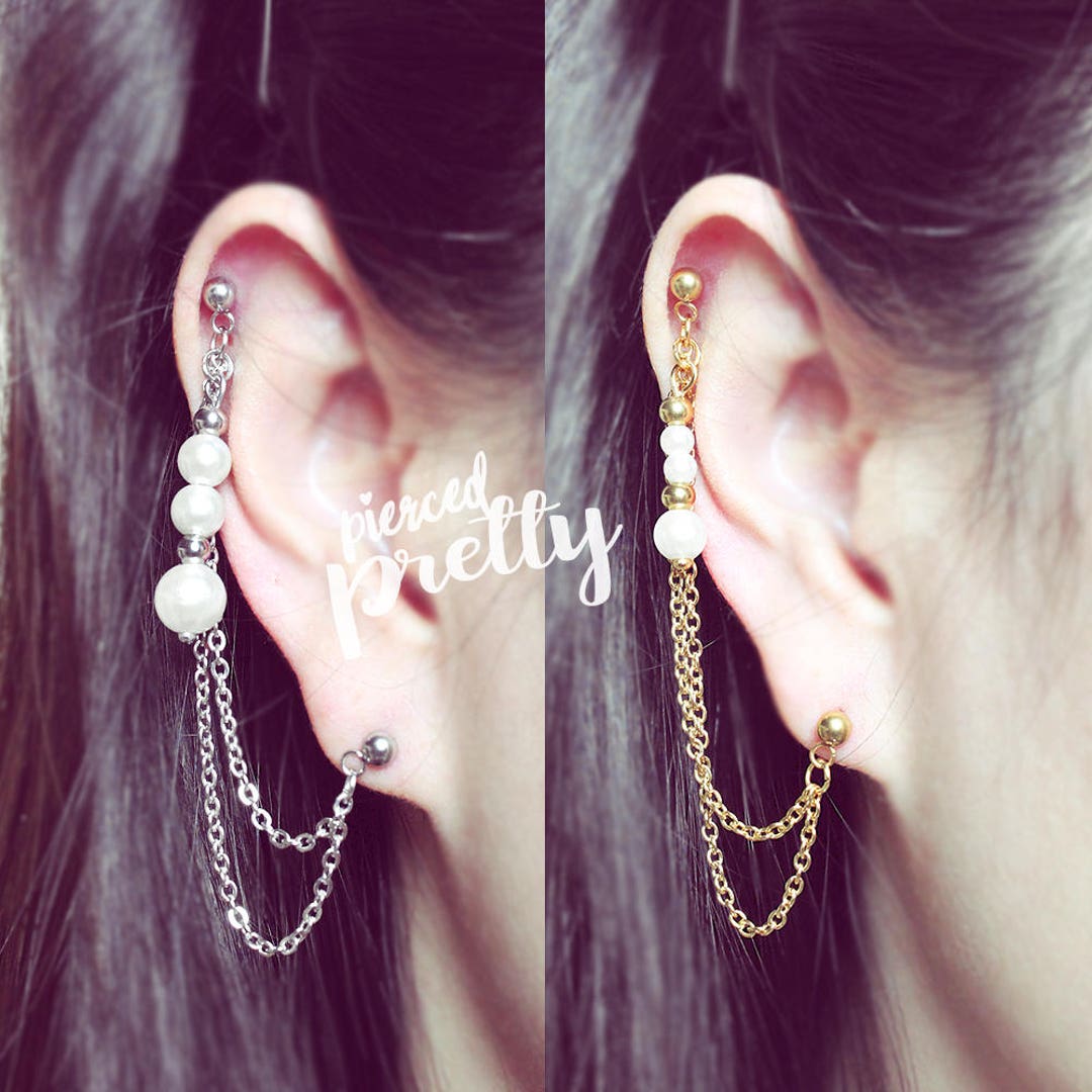 Helix to Lobe Double Chain Earring, Pearl Helix Chain Earring, Ear ...