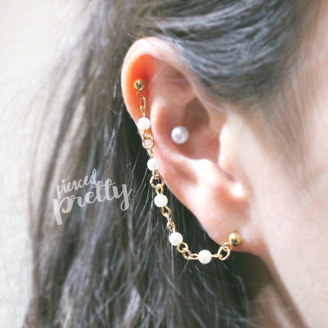 Pearl Helix to Lobe Chain Earring,pearl Two Hole Chain Earring, Ear ...