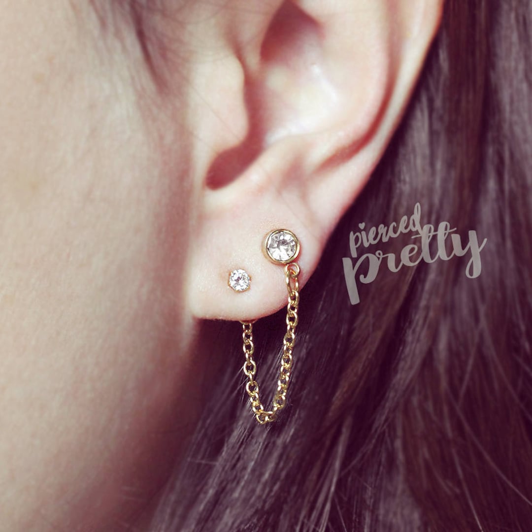 CZ Stud Chain Earring, 20g Dangle Lobe Chain Earring, Ear Cartilage Piercing Chain Jewelry, 316l ...