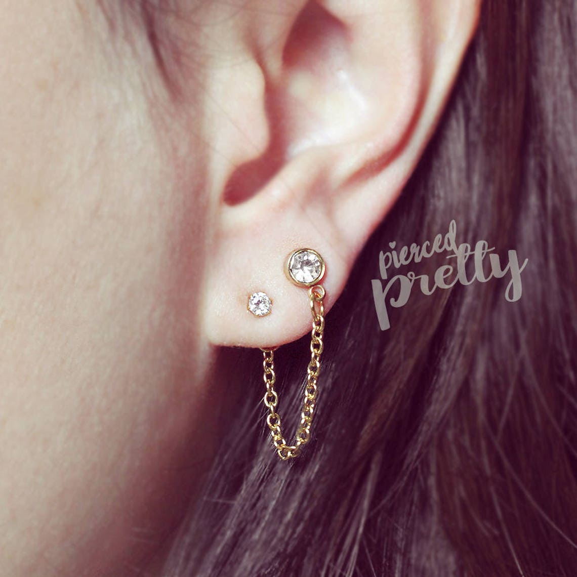 CZ stud chain earring 20g dangle lobe chain earring ear | Etsy