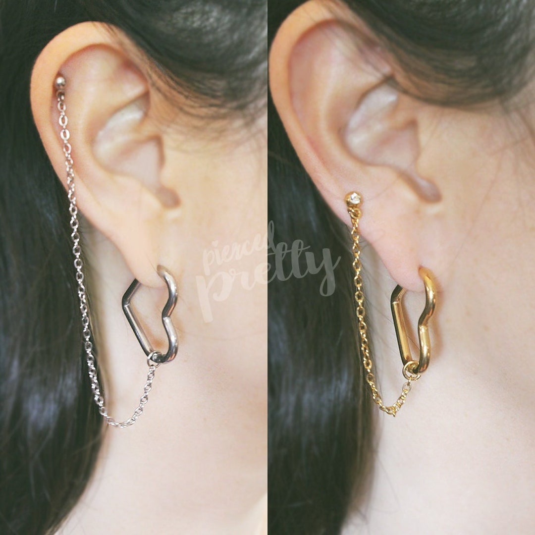 18g 16g Helix to Lobe Heart Hoop Chain Earring, Helix Hoop Chain ...