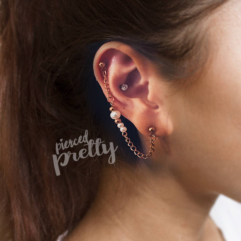 20g 16g Helix to Lobe chain earring pearl chain earring | Etsy