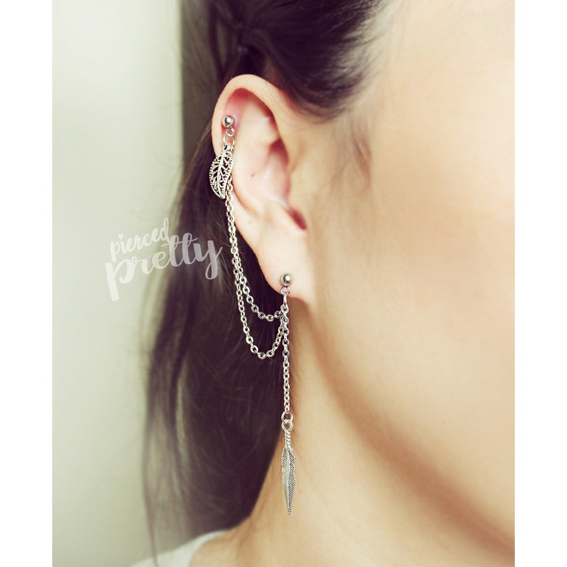 20g 16g Leaf Feather Helix to Lobe Chain Earring, Double Chain Helix ...