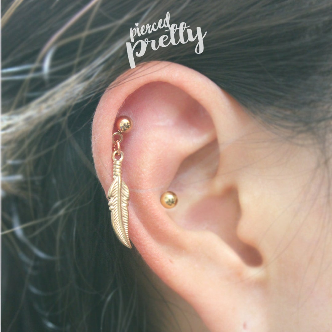 20g, 16g Feather Cartilage Earring, Rose Gold Helix Earring, Tragus Ear ...