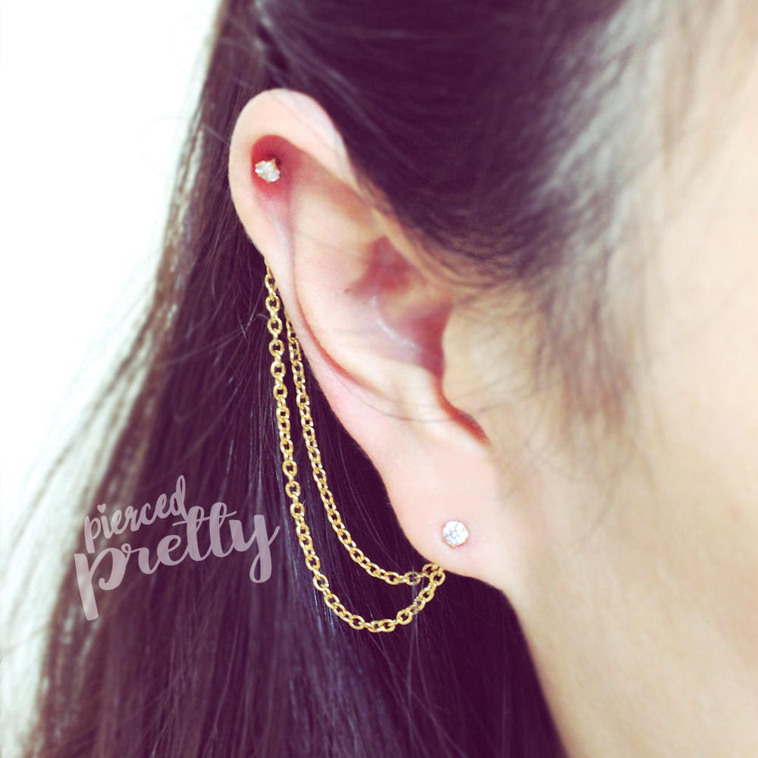 20g CZ Prong Helix to Lobe Chain Earring, Dangle Chain Earring, Helix ...