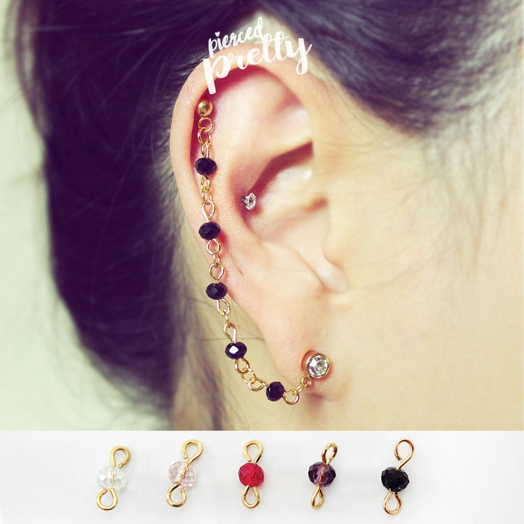 20g 16g Crystal Helix to Lobe Gold Chain Earring, CZ Helix Chain ...