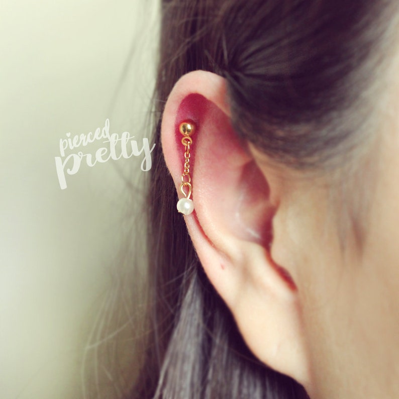 Pearl dangle chain cartilage earring Gold helix earring | Etsy