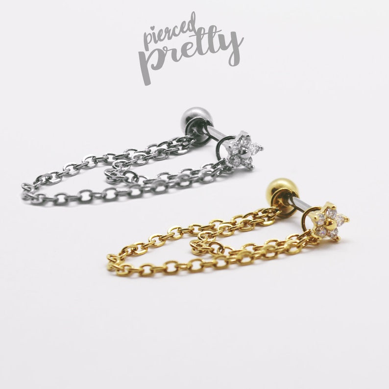 16g Dainty Flower Helix Double Chain Ear Stud Flat Back Chain | Etsy