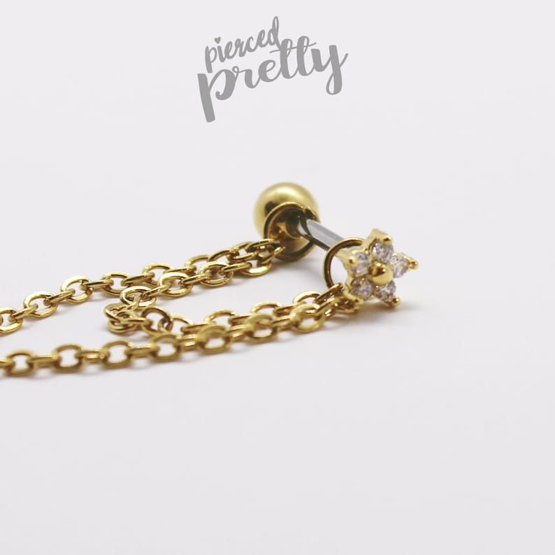 16g Dainty Flower Helix Double Chain Ear Stud Flat Back Chain | Etsy