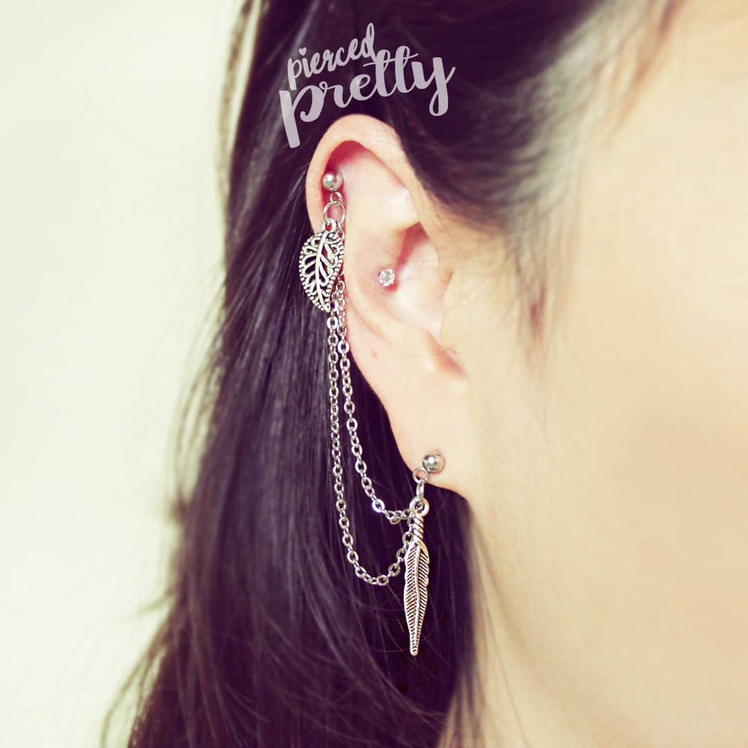 20g 16g Leaf Feather Helix to Lobe Chain Earring, Helix Dangle Double ...