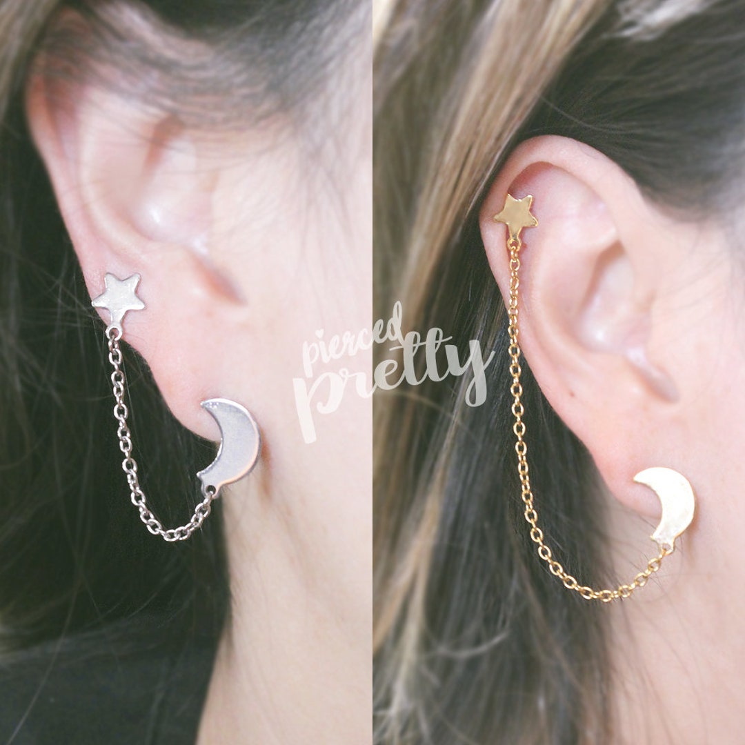 20g Star Moon Helix to Lobe Chain Earring, Helix Two Hole Long Chain ...