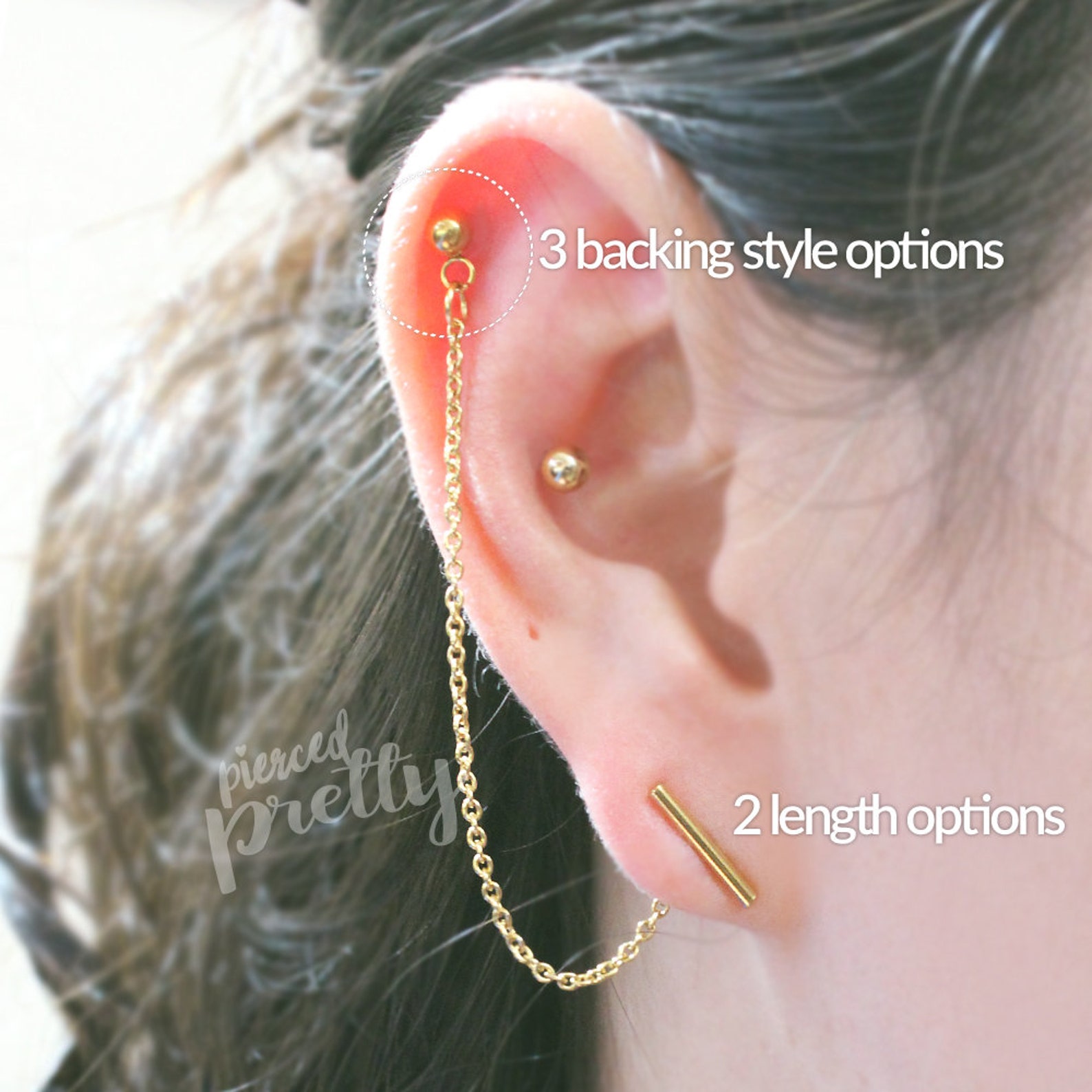 16g 20g Bar Helix to Lobe Chain Earring, 316L Surgical Stainless Steel ...