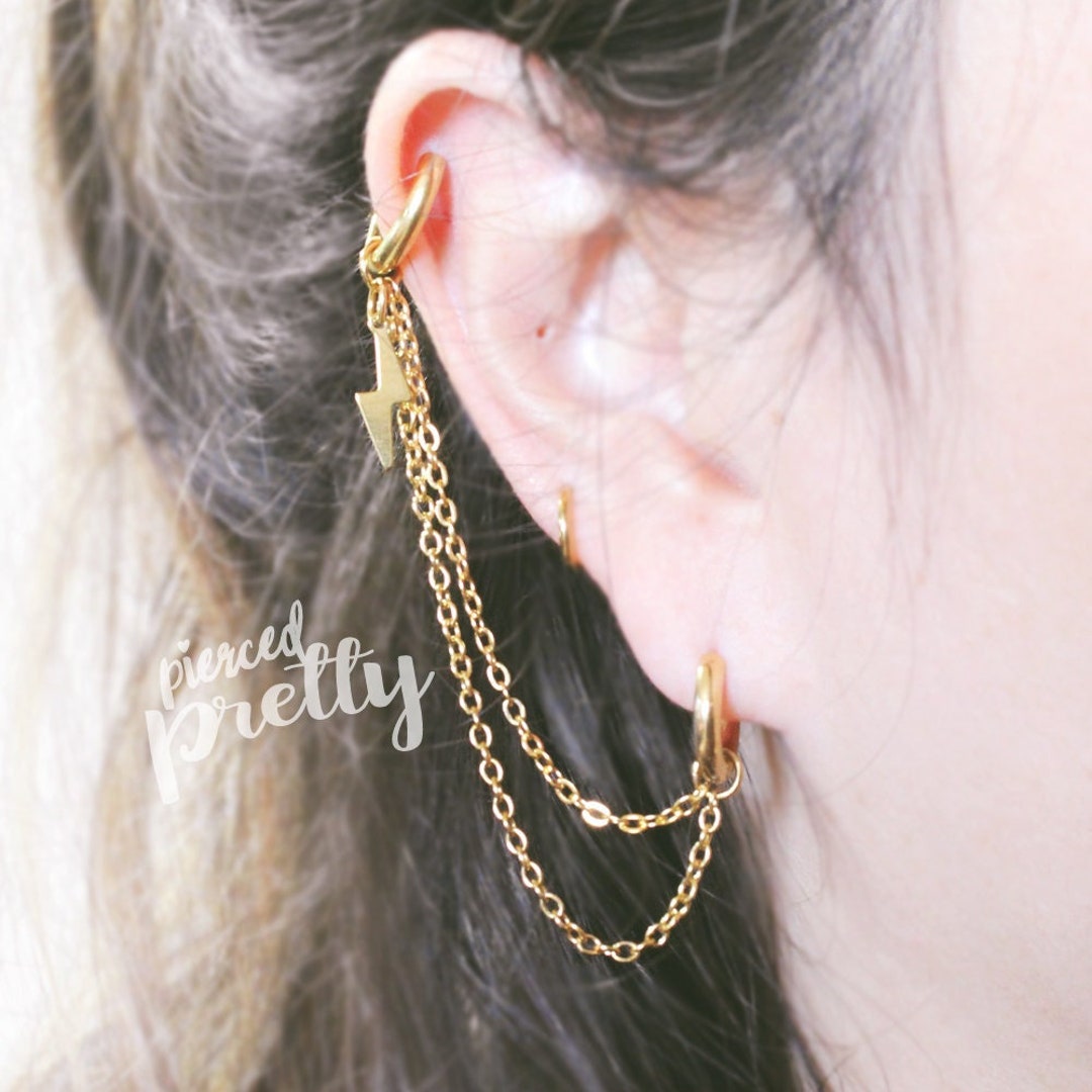 Lightning Bolt Helix to Lobe Double Chain Hoop Earring, 18g Ear ...