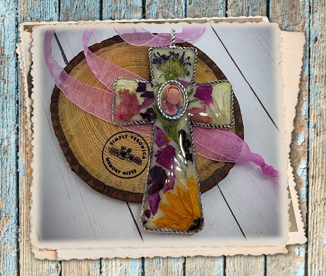 Dried Flower Petal Cross With Center Photo, Dried Flower Petal Keepsake ...