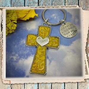 Keychain Cross, Dried Flower Petal Cross, Cross Keepsake, Funeral ...