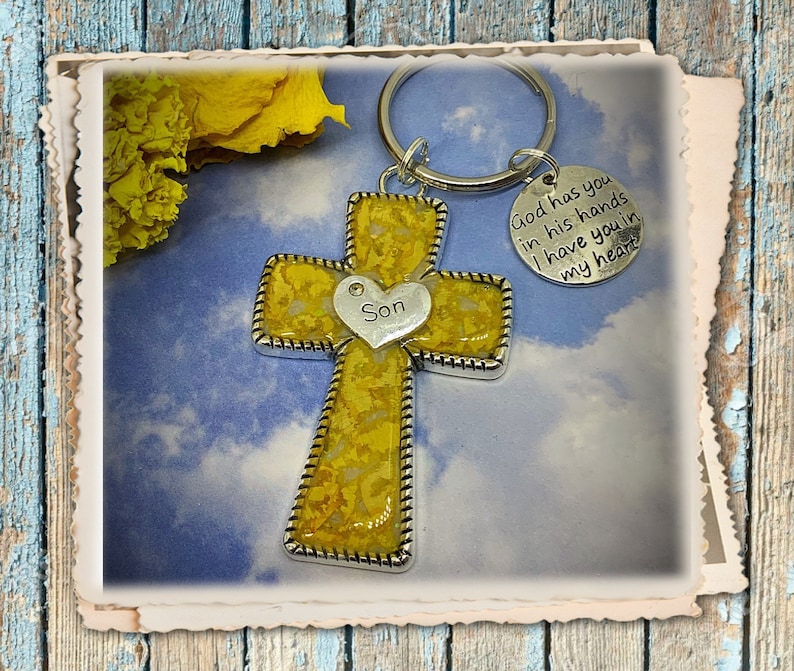 Keychain Cross, Dried Flower Petal Cross, Cross Keepsake, Funeral ...