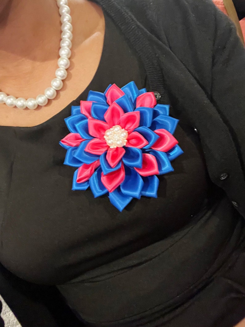 Hot Pink and Blue Satin Ribbon Flower Brooch - Etsy