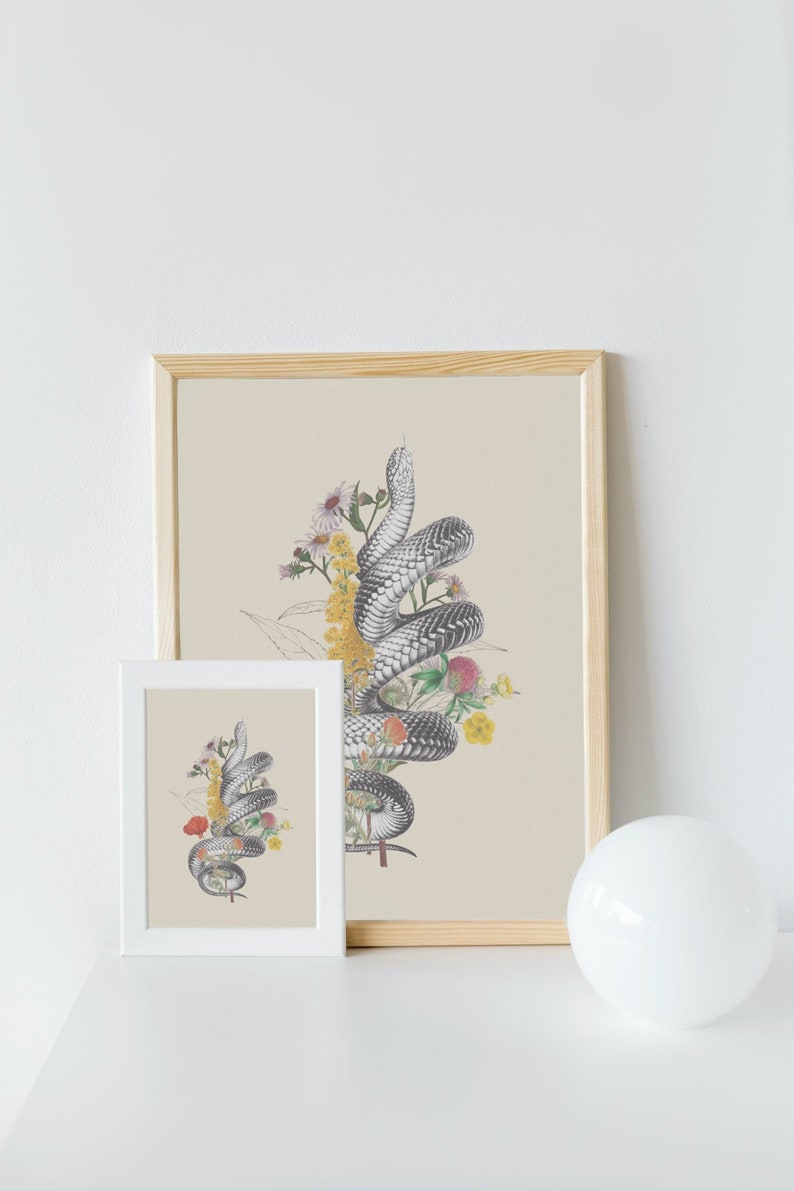 Floral Snake Vintage Art Print Downloadable - Retro Botanical Tattoo ...