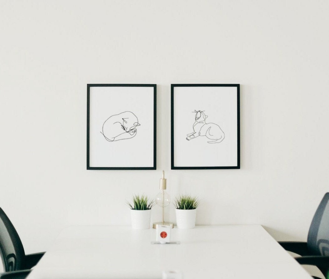 Minimalist Line Art Style Drawings of Cats or Kittens - TWO DRAWINGS ...