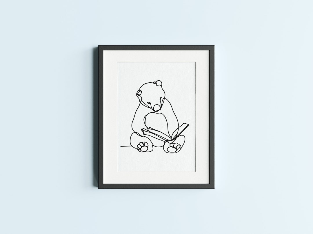 Bear Reading a Book - Minimal Line Art Bear Drawing - Printable Instant ...