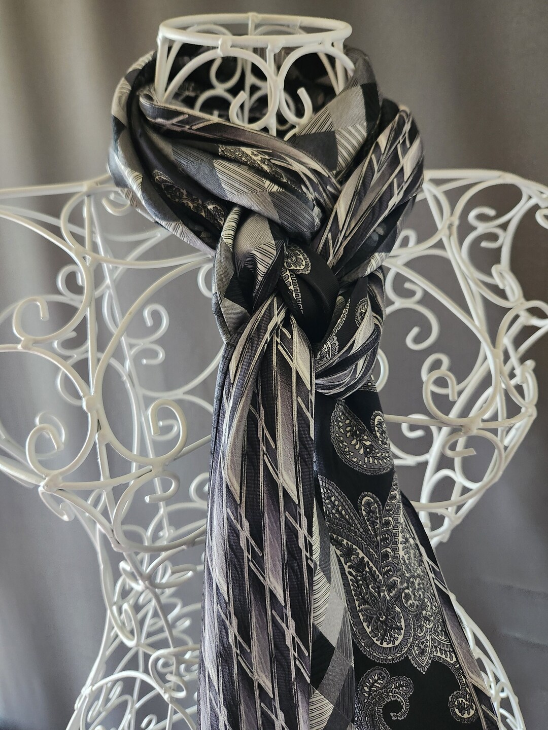 Upcycled Scarf – Silk Scarf – Repurposed Necktie - Black - White ...