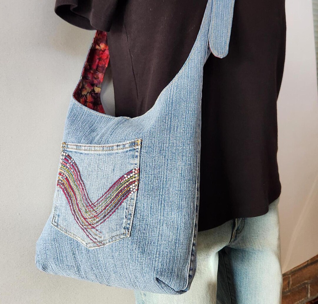 Upcycled Denim Hobo Bag: Reversible Batik Slouch Crossbody - Etsy
