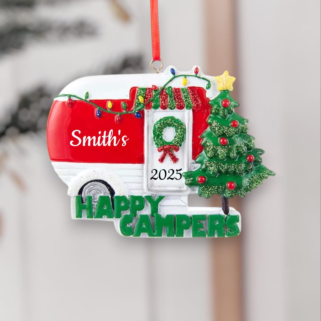 Personalized Happy Campers Ornament – Custom Vintage Camper With Tree ...