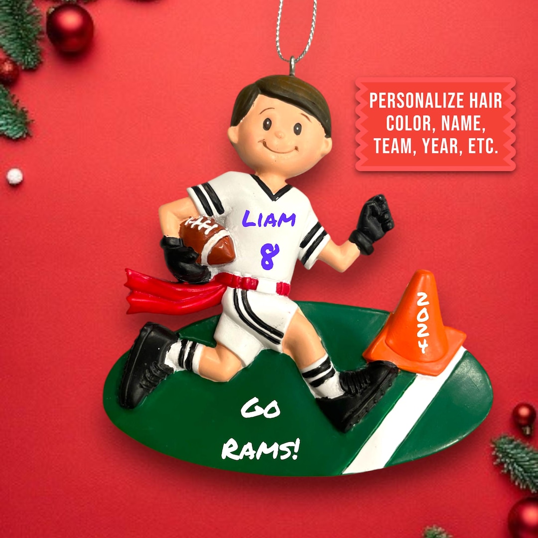 Personalized Brunette Boy Flag Football Ornament: 2024 Christmas ...