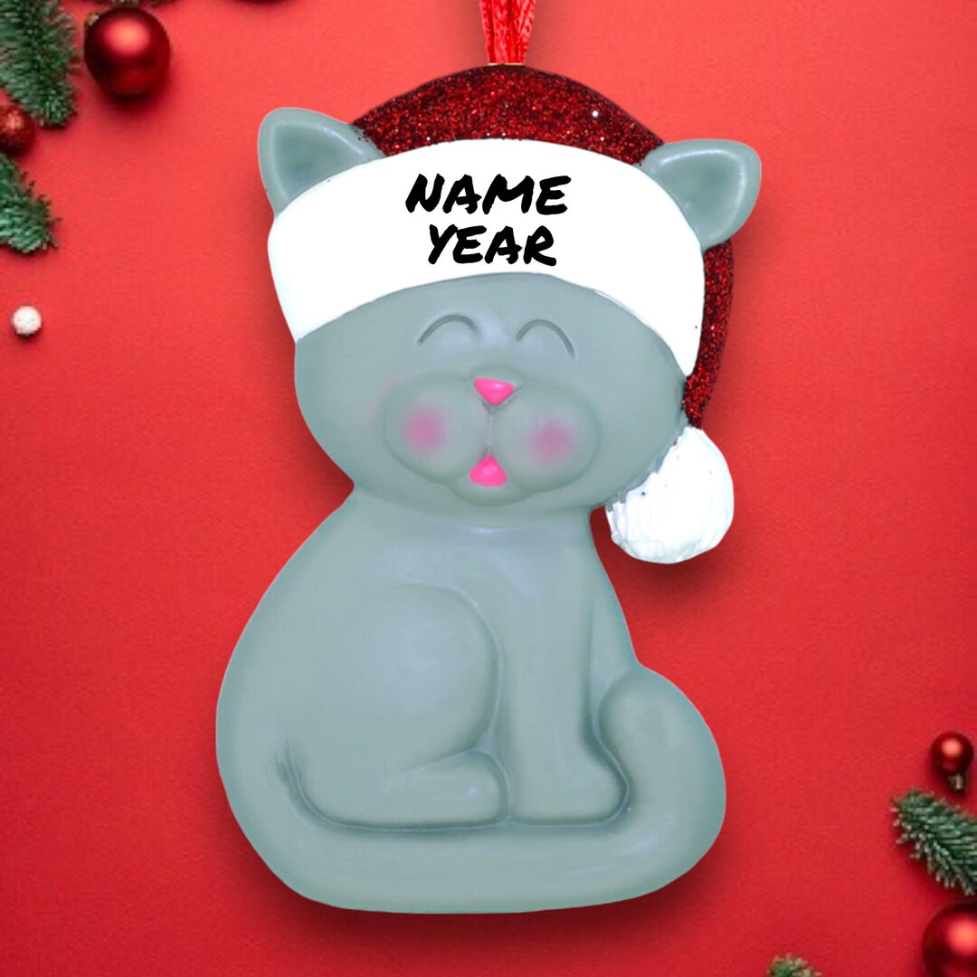 Personalized Gray Christmas Cat Ornament – Customizable Holiday Pet ...