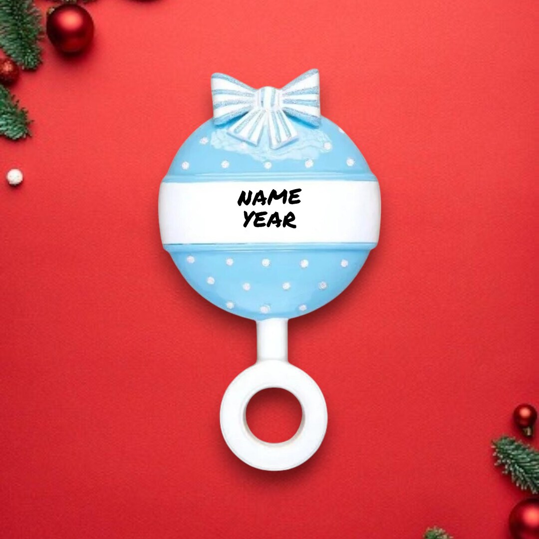 Personalized Baby's First Christmas Ornament – Light Blue Rattle ...