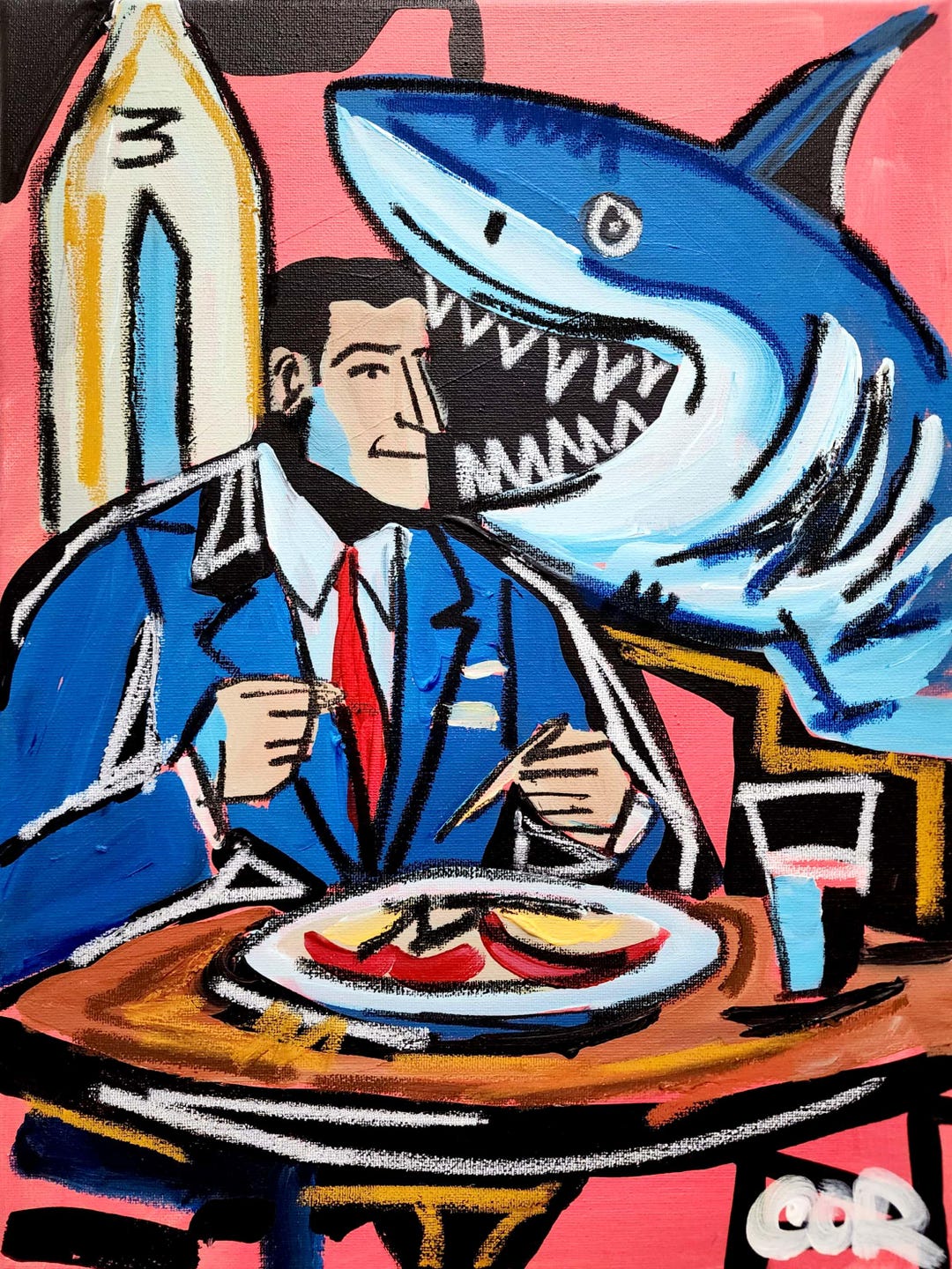 Shark Dinner Painting: Cubist Expressionism, Original Handmade Acrylic ...