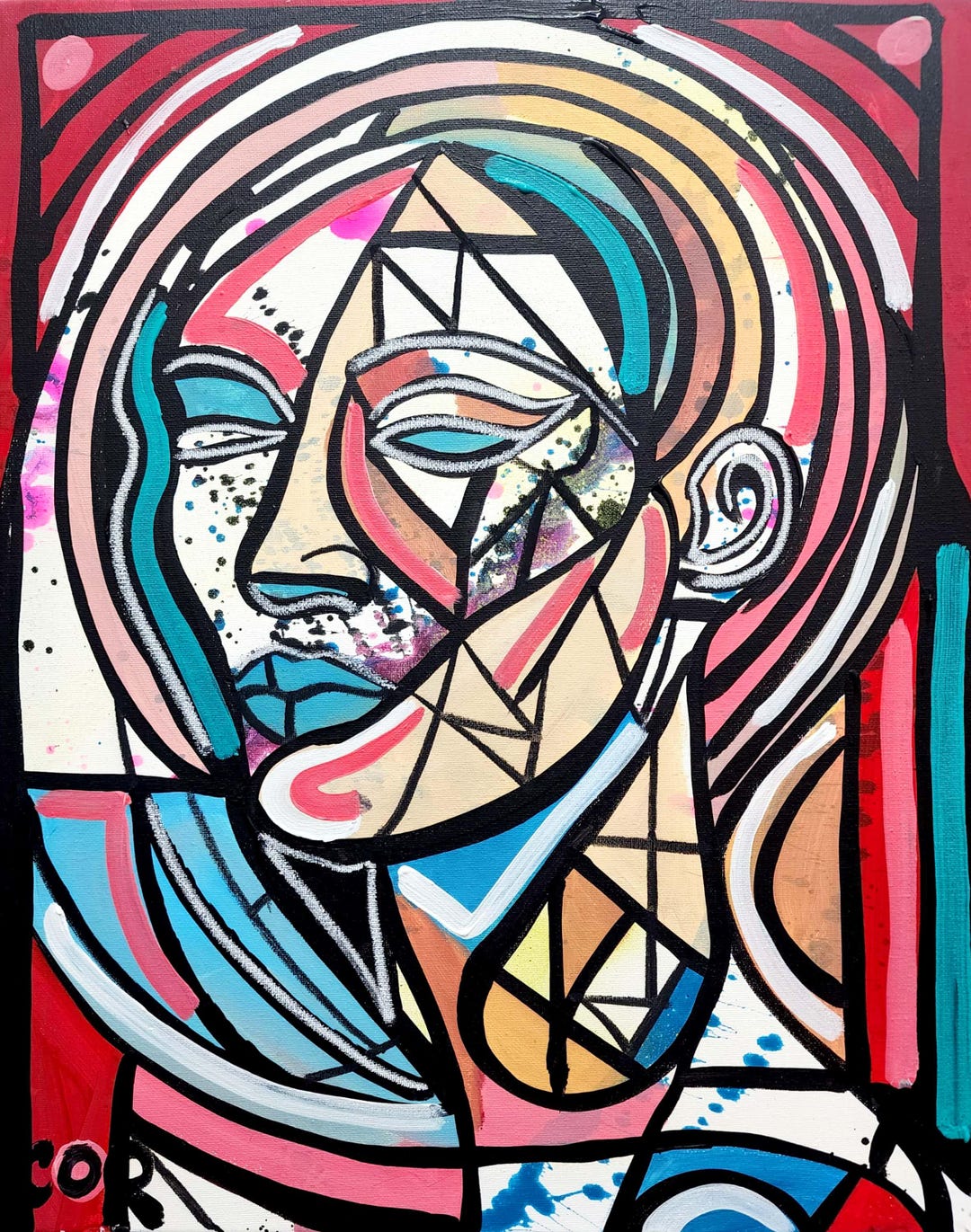 Red Moon Lady Cubism Painting: Original Handmade Acrylic Canvas Art ...