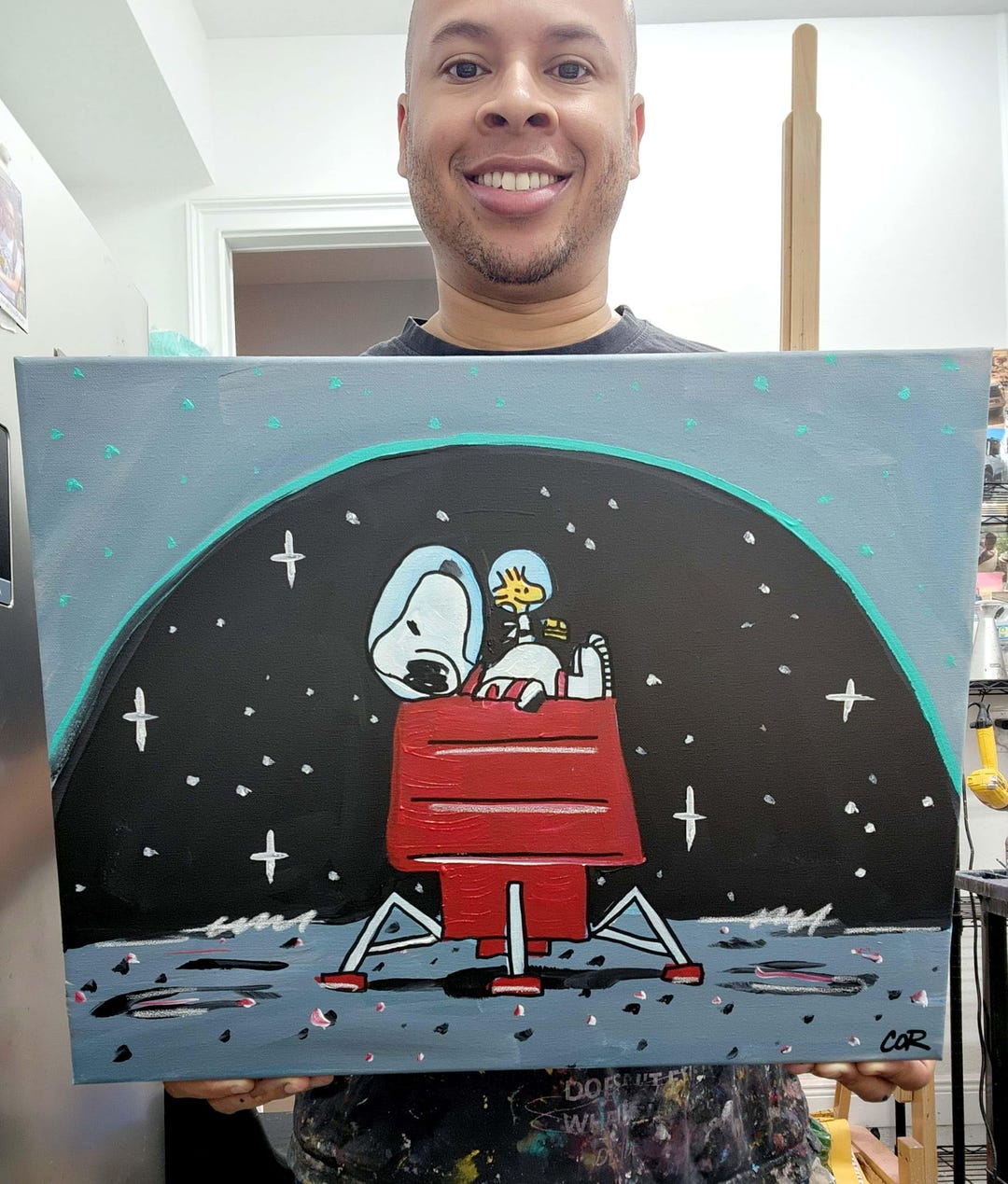 Moon Landing Snoopy Painting: Original Acrylic Expressionism Art (16x20 ...