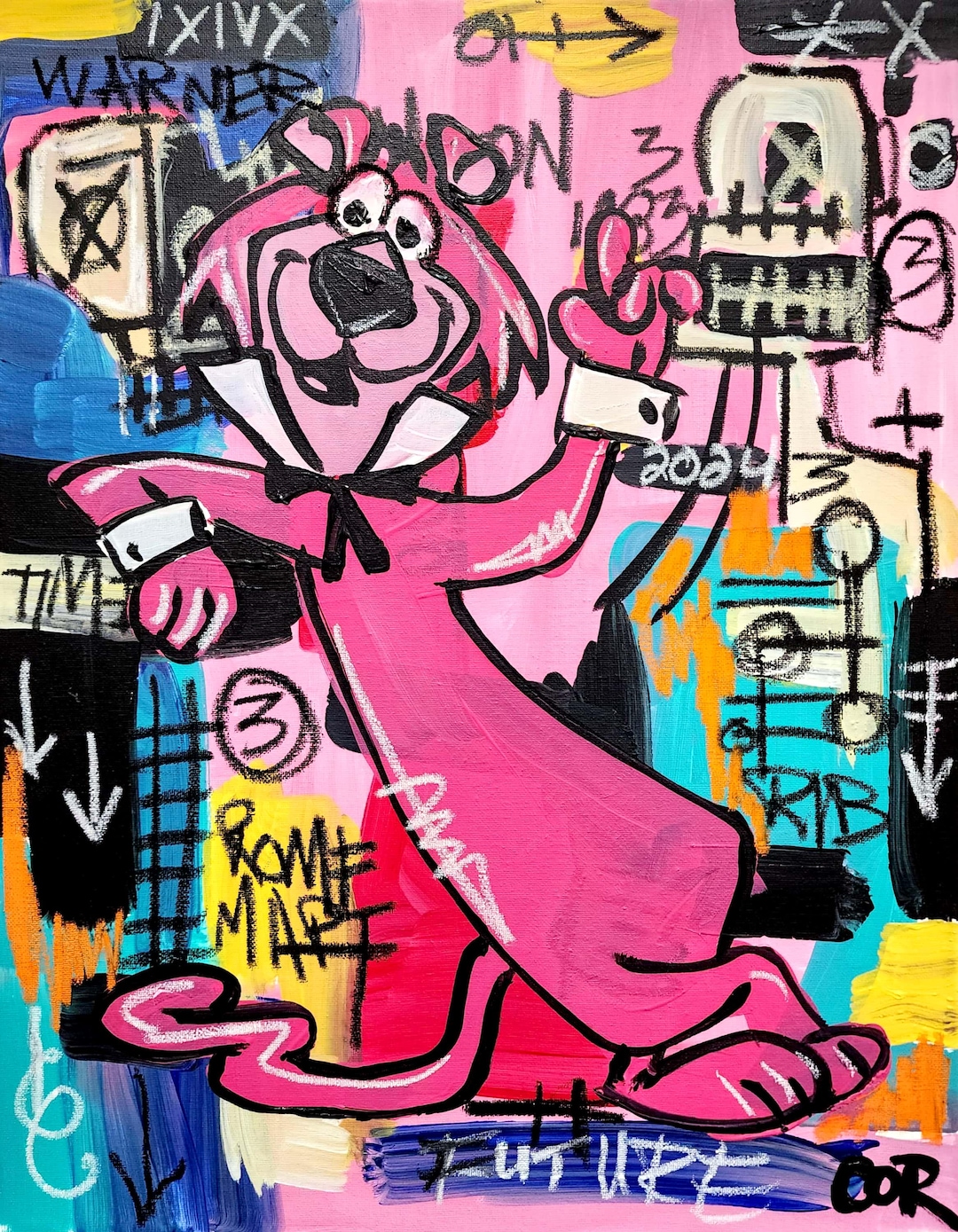 Pink Cartoon Acrylic Painting: Vintage Expressionism Wall Art, 16x20 ...