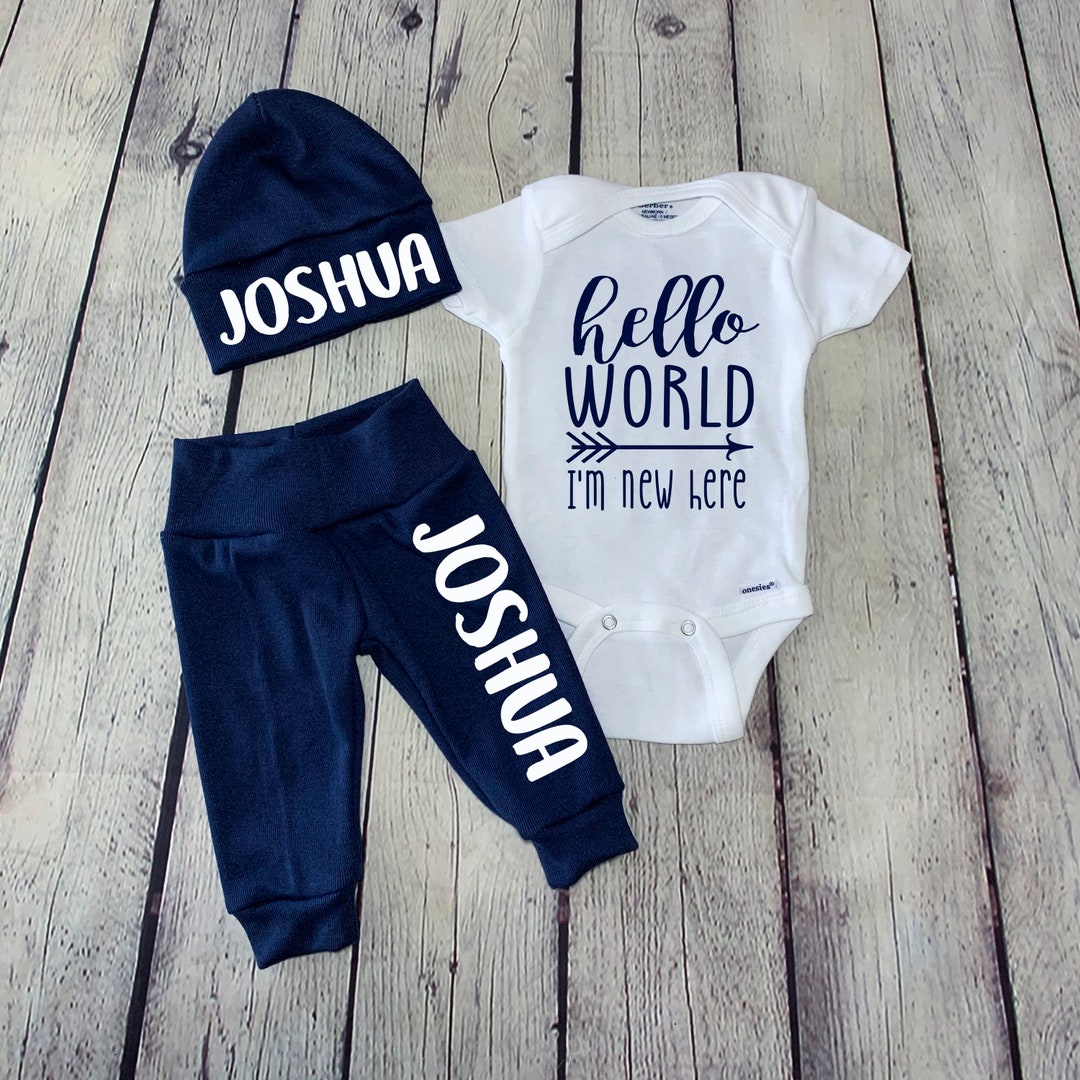 Hello World Baby Boy Coming Home Outfit | Personalized Baby Name Onesie ...