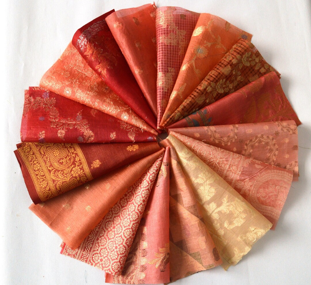 5 Inch X 16 Pieces Orange Recycled Vintage Sari Squares Craft Fabric ...