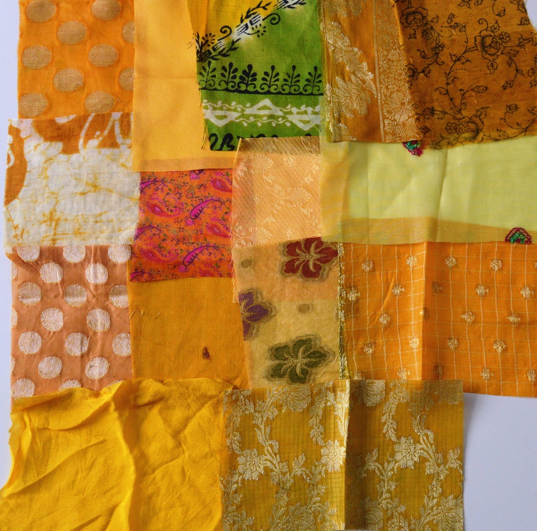 Yellow Upcycled Sari Silk Fabric Scraps 15 Pieces - Etsy