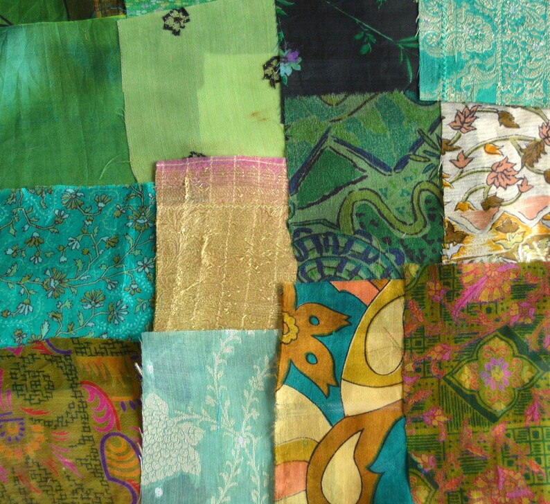 Green Upcycled Sari Silk Fabric Scraps - Etsy