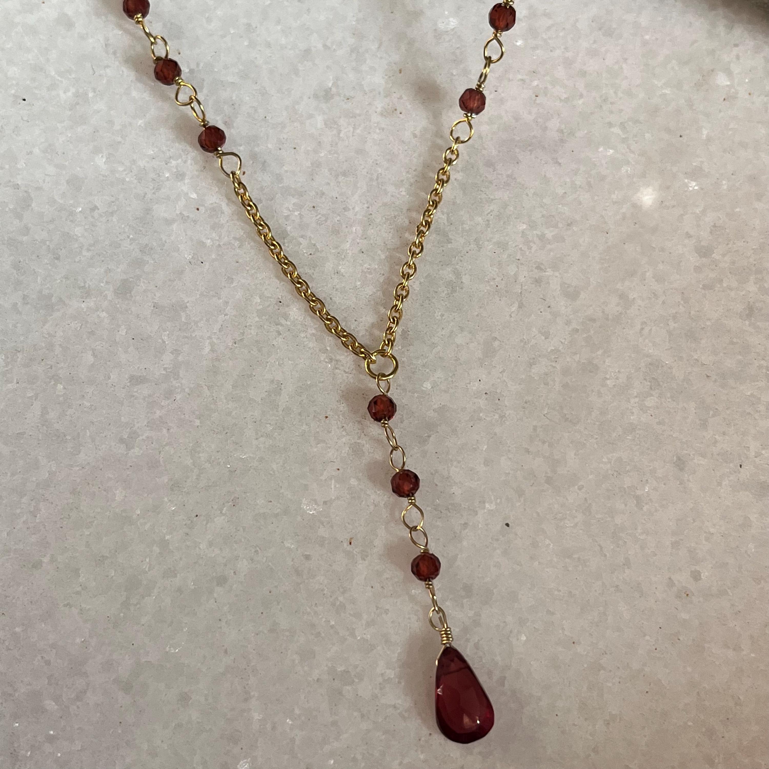 Dainty Garnet Lariat Y Beaded Necklace, 925 Sterling Silver Gemstone ...