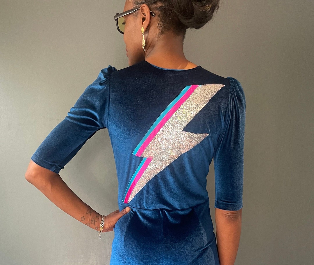 Ziggy Jumpsuit in Teal Velvet With a Sequin Ziggy Zap on the Back - Etsy