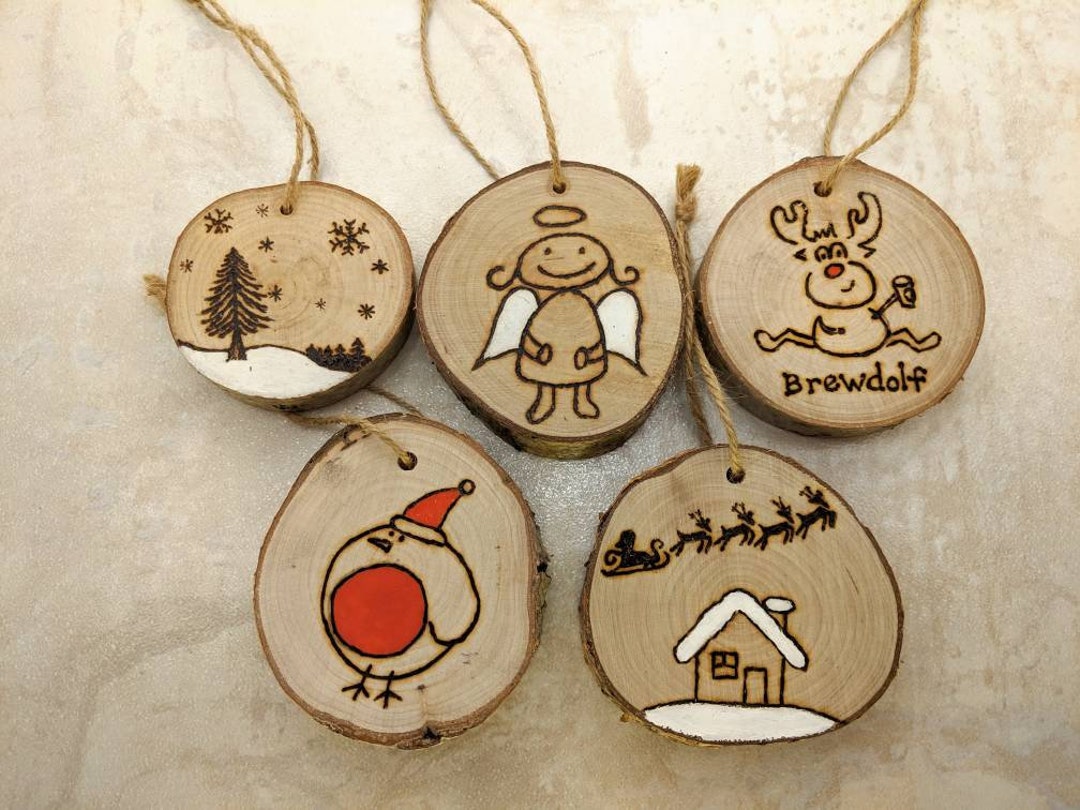 3 Christmas Tree Decorations, Handmade Birch With Pyrography Design ...