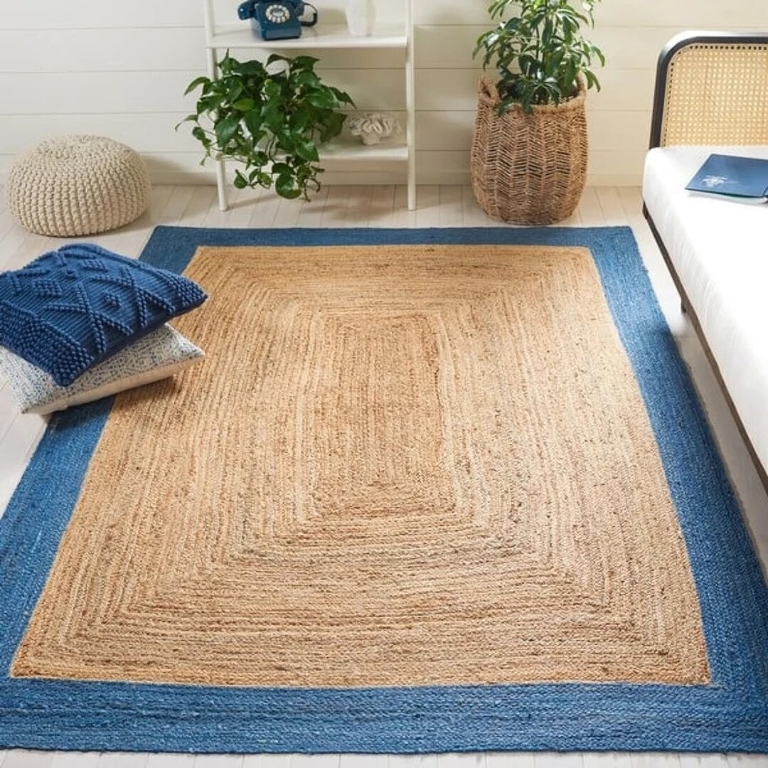Natural With Blue Border Jute Rug Hand Braided Natural Jute Rug, Custom ...