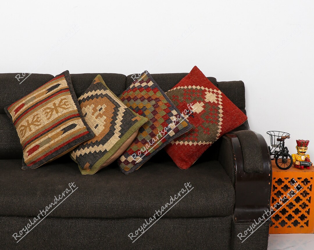 4 Set of Indian Wool Jute Cushions Handmade Wool Jute Pillow Case ...