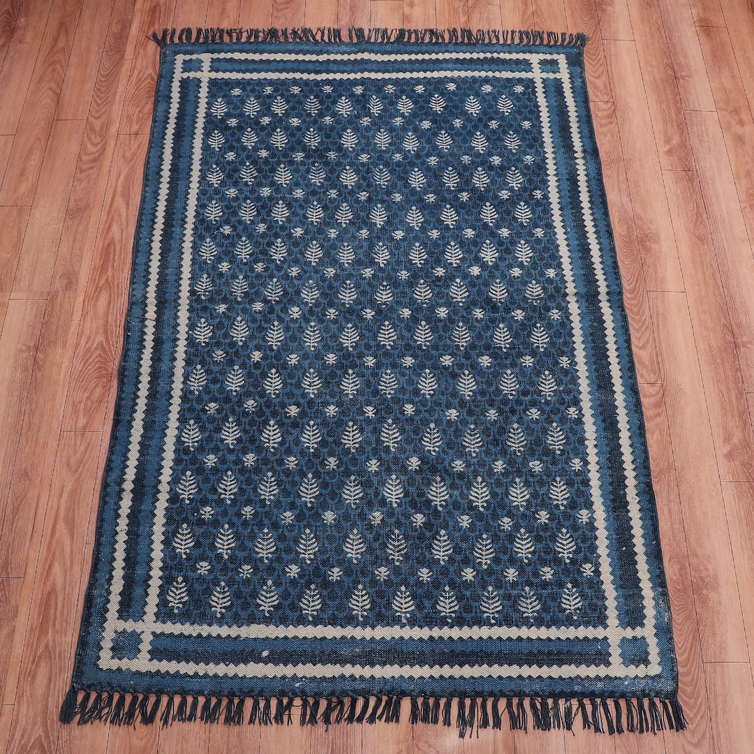 Indian Block Printed Indigo Rug/handmade Rug/floor Area Rug/ Cotton Rug ...