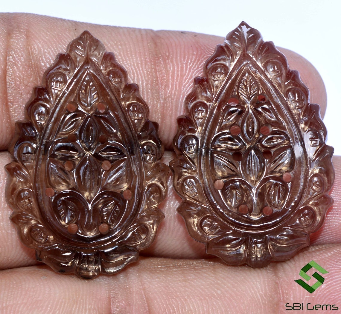 Natural Smoky Quartz Handmade Carving Pair 35x23 Mm 50.84 Cts Leaf ...