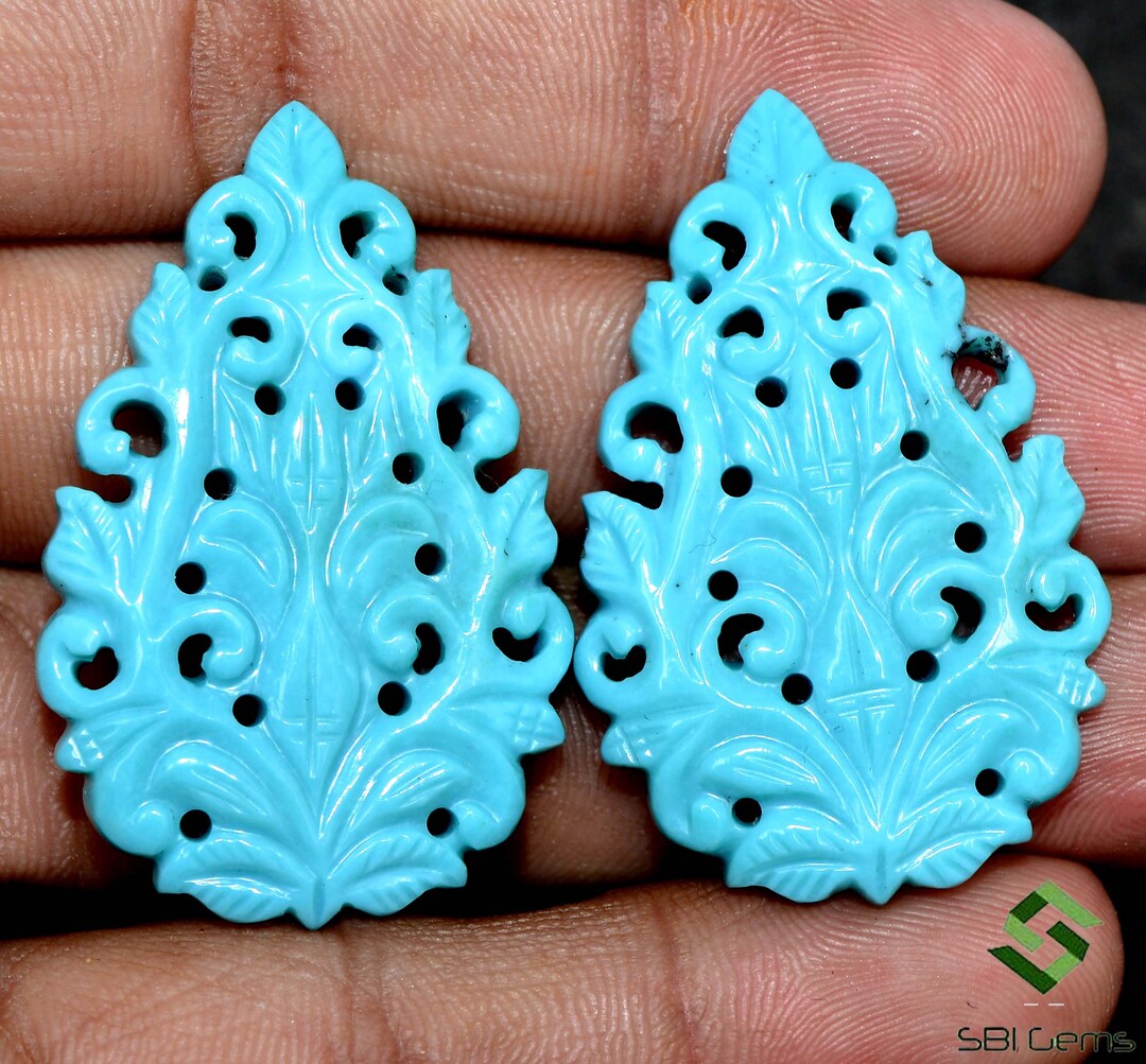 40x25 Mm Certified Natural Turquoise Hand Made Carving Pair 62.41 Cts ...