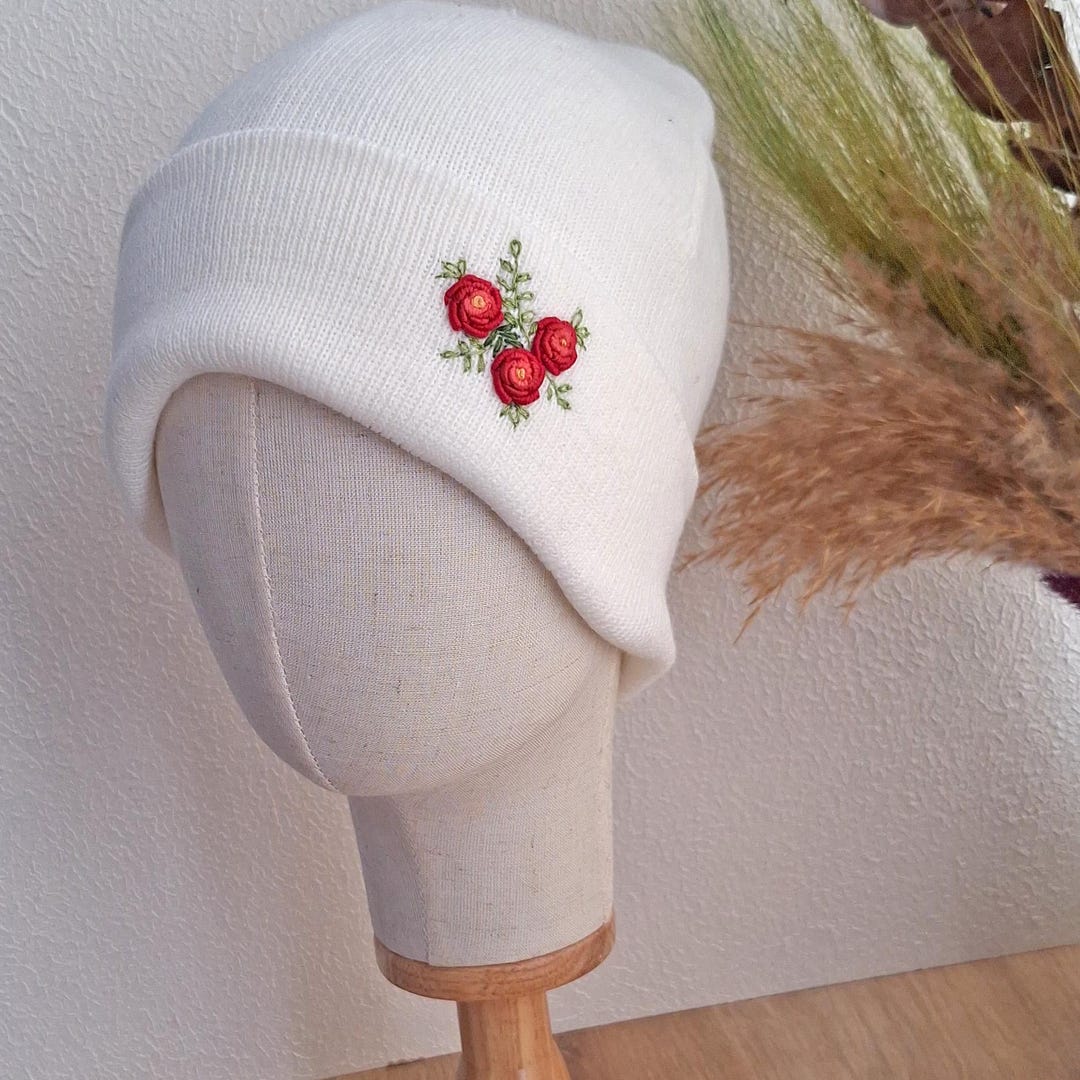 Red Rose Flower Bloom White Beret Berets Hand Embroidered 100% Wool Hat ...