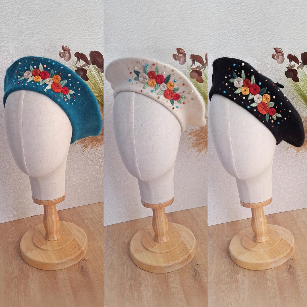 Ecru White Black Dark Turquoise Color Hand Embroidered 100% Wool Beret ...