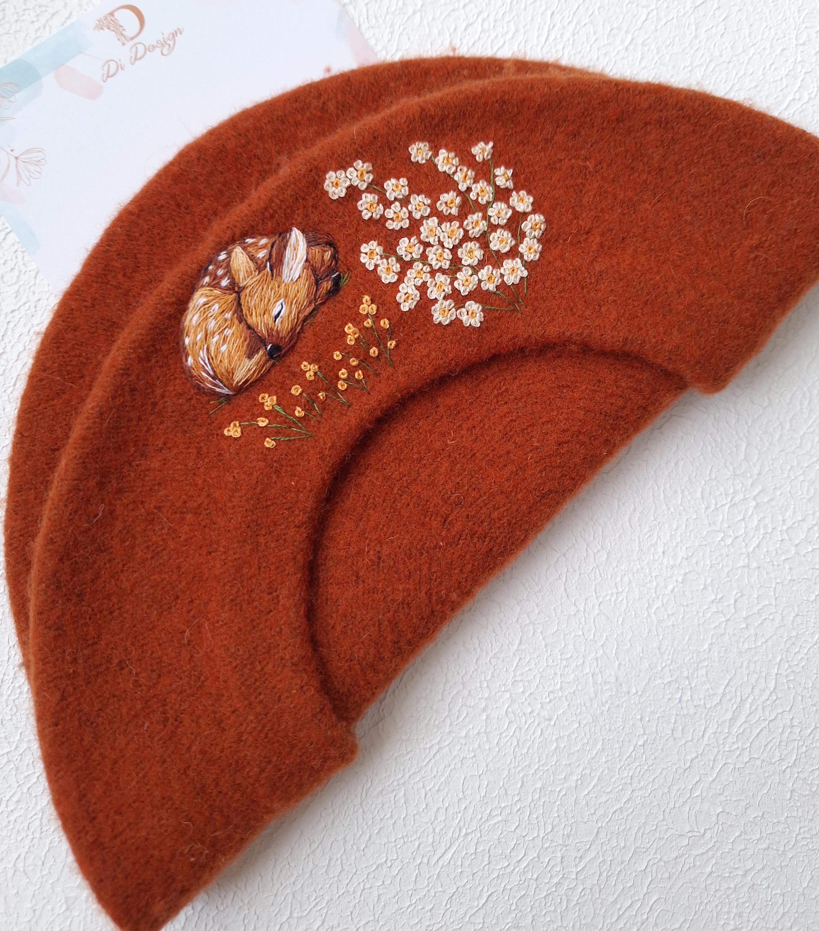 Bambi Brick Color Hand Embroidered 100% Wool Beret French Hat Winter ...